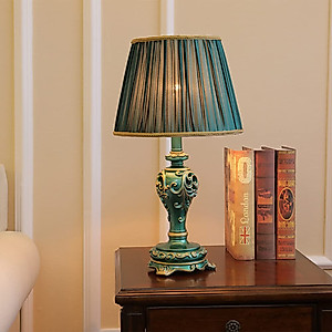 GaRcan Victorian Style Table Lamp, Traditional Handmade Fabric Lampshade Bedroom Bedside Lamp Resin Sculpture Lamp Body Desk Lamp for Living Room Study Reading Lamp