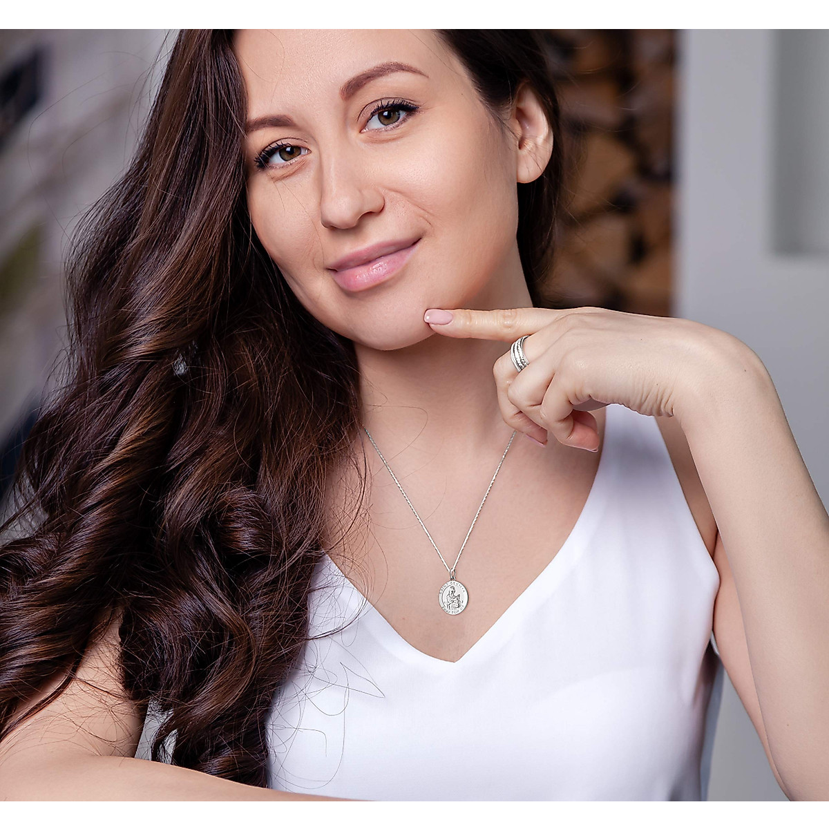 US Jewels Ladies 925 Sterling Silver 18.5mm Saint Cecilia Pendant 2.3mm Figaro Chain Necklace, 20in