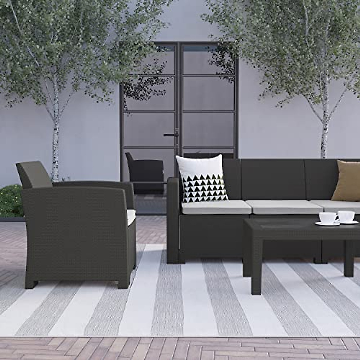 Flash Furniture 4 Piece Outdoor Faux Rattan Chair, Sofa and Table Set in Dark Gray, 30 x 67.5 x 27