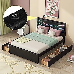 YSWH Queen Size Upholstered Platform Bed, Wood Storage Bed Frame with 4 Drawers, Headboard with LED Lights Strips and USB Charging, Kids Adults Bedroom Furniture Versatility Bed (Black)