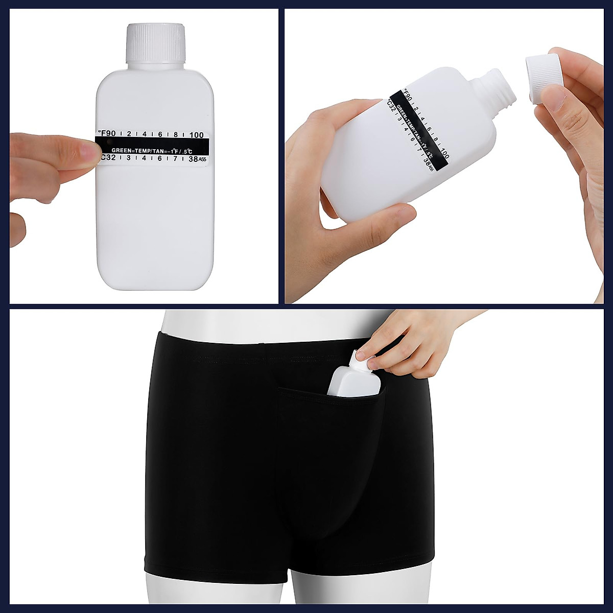 Jiuguva 13 Pcs Urine Test Complete Kit Includes 1 Lining Pocket Boxer Briefs 2 Portable Empty Urine Temperature Bottle 10 Adhesive Temperature Strips Urine Tester for Lab Testing (X-Large)