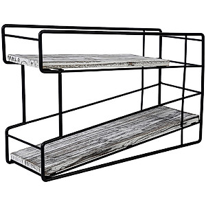 MyGift 2-Tier Rustic Torched Wood and Black Metal Wire Pantry Canned Food Dispenser Storage Organizer Rack