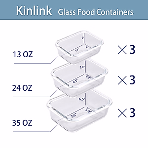 KINLINK Glass Food Storage Containers 18-Pieces with Lids, Glass Meal Prep Containers with BPA-Free Lids, 3 Different Sizes with Airtight Lock 13oz/410ml, 24oz/700ml, 35oz/1040ml