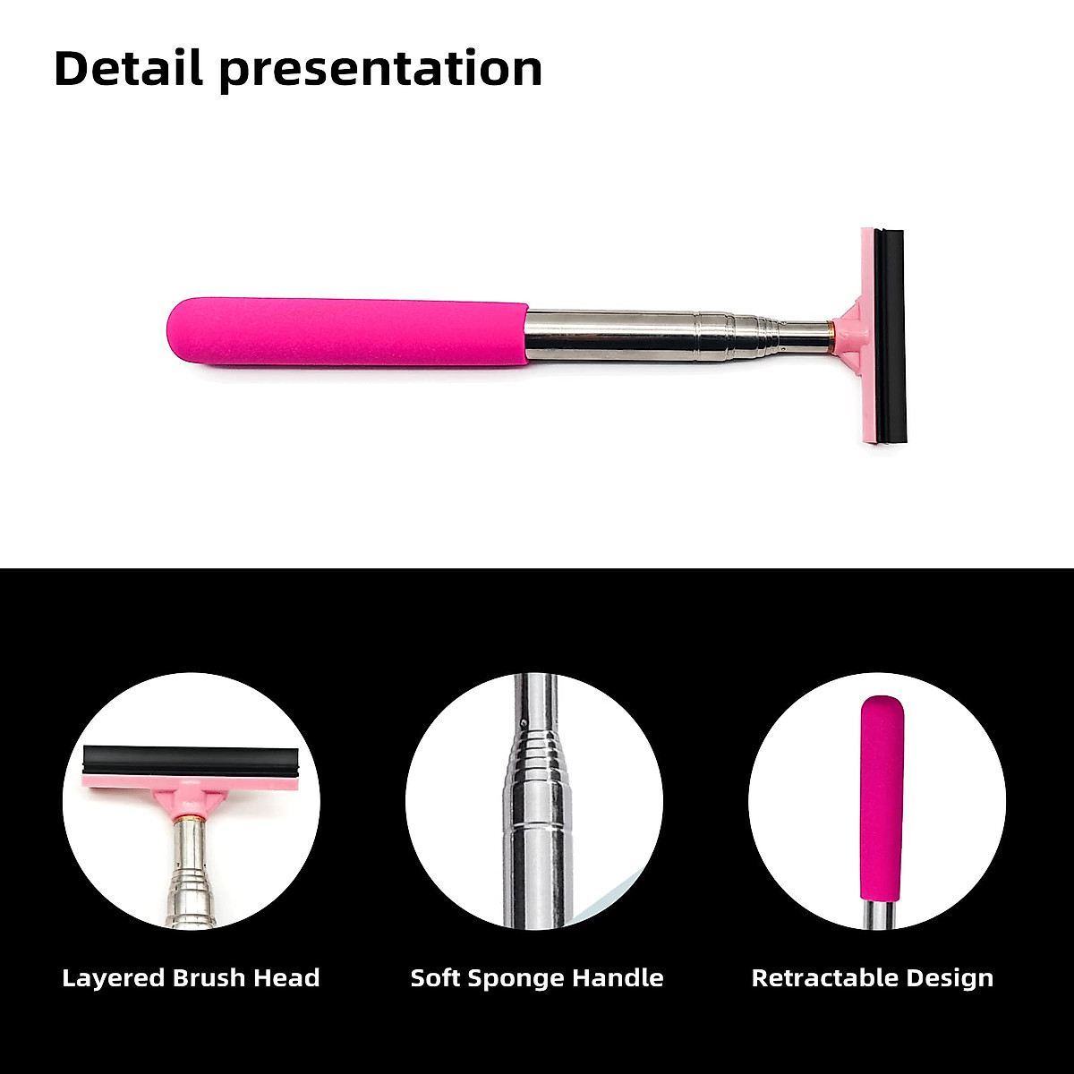 Car Mirror Wiper, Telescopic Auto Mirror Squeegee Cleaner, 97cm Long Handle Car Cleaning Tool Portable Cleaning Tool for All Car/SUV/Truck,Universal Car Accessories(pink)