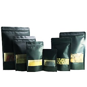 PQZKLDP 100pcs Black Kraft Paper Stand Up Pouches, Ziplock Stand Up Food Storage Bags with Matte Window, Reusable, Heat-Sealable for Packaging in Home , Office , Outdoors (Mixed Size)