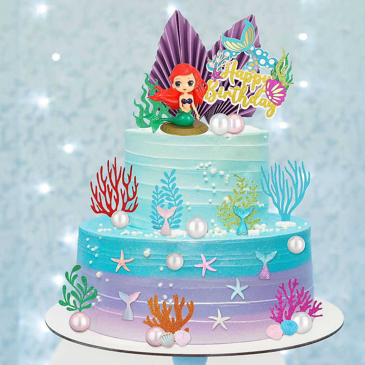 QUEEN KING 33 pcs Mermaid Cake Topper,Little Resin 3D Mermaid Seaweed Palm Leaves Bubble Starfish Shell Mermaid Tail Cupcake Picks for Kids Girls Birthday Baby Shower Party Decorations