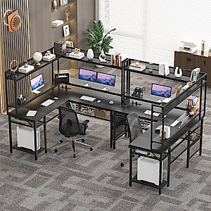 Unikito L Shaped Desk with Power Outlet, Reversible L-Shaped Computer Desk with Storage Shelves & Monitor Stand, Gaming Desk with Led Light, Black