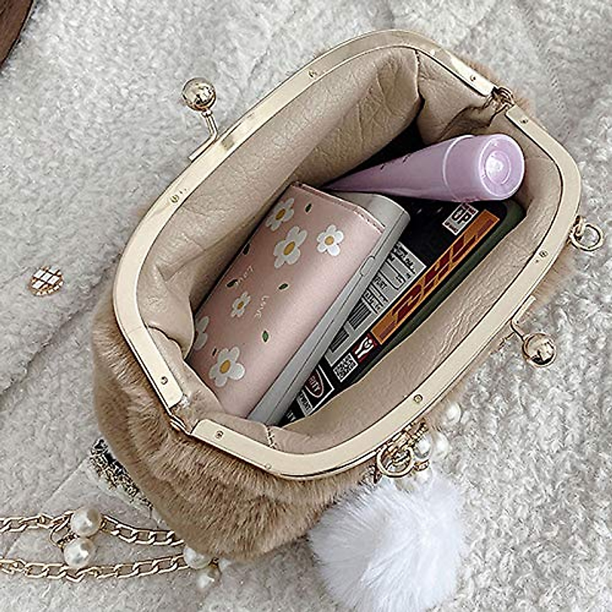 Goclothod Women Faux Fur Clutch Purse Kiss Lock Shoulder Bag Chain Crossbody Handbag