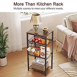Gewudraw Kitchen Bakers Rack, Kitchen Storage Shelf with Pullout Wire Basket & 4 Side Hooks, Coffee Bar Station with Wine Rack - Rustic Brown, Perfect for Organizing Your Kitchen Essentials