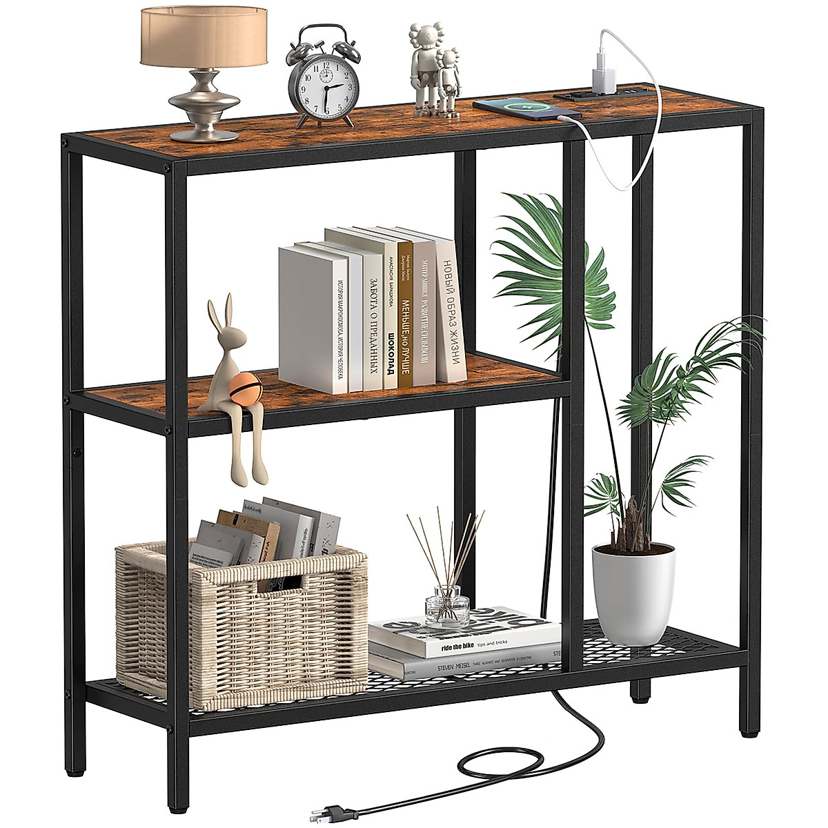 Snughome Console Table with Power Outlets, Entryway Table with Storage, Narrow Sofa Table with 3 Tier Shelves, Couch Table with USB Ports, for Hallway Living Room, Entrance