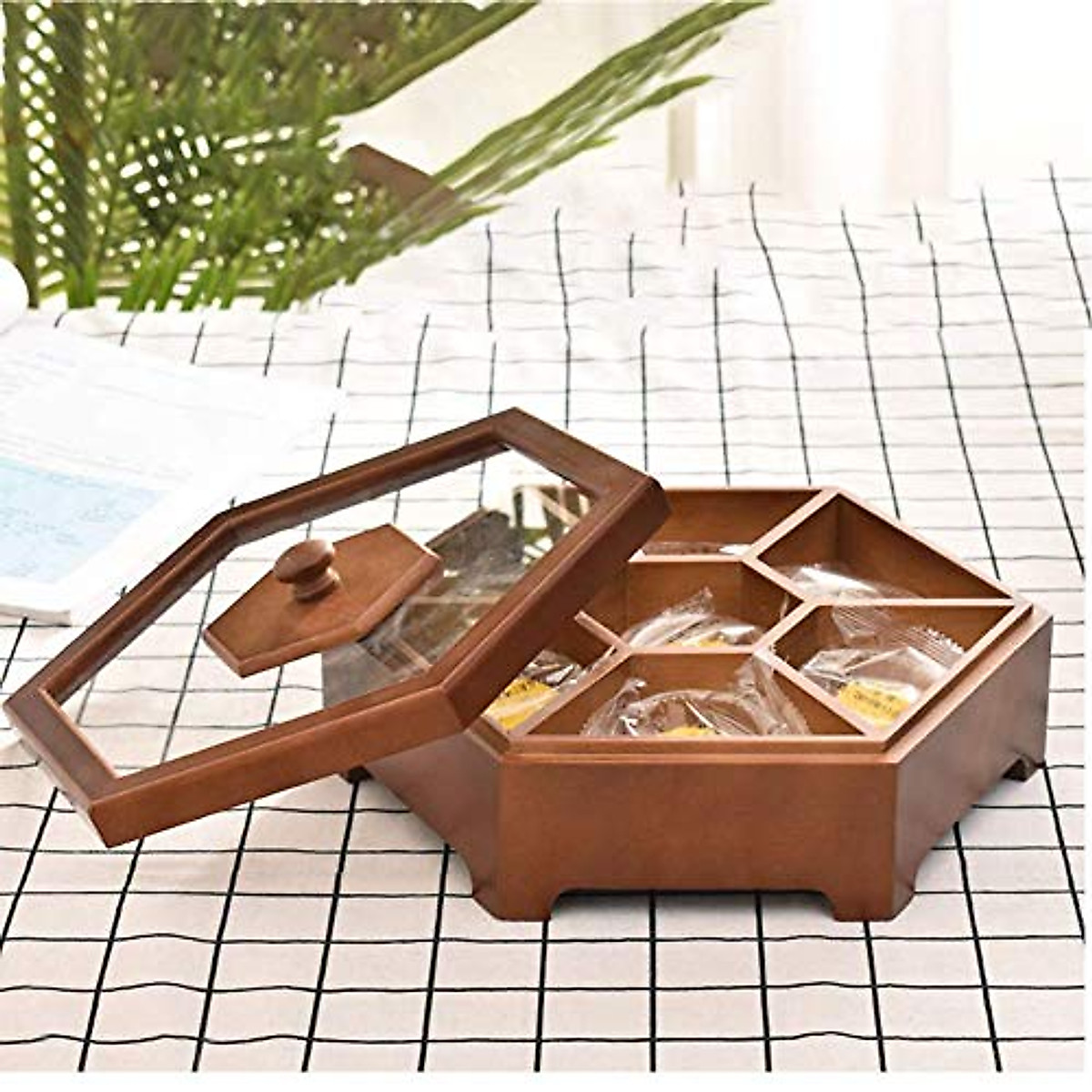 Wooden Dried Fruit Box, Multifunction Snack Storage Container Sectional Tray with Clear Window on the Lid, 7 Compartments Party Serving Platter for Candy/Nut/Sweets Cookies