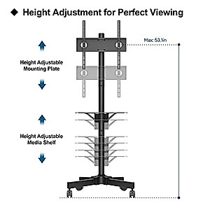 Mobile TV Cart for 23-60 Inch LED LCD Flat Curved Panel Screens TVs, Rolling TV Stand with Wheels Holds Up to 55lbs, Height Adjustable Portable Floor Stand with Media Shelf Tray, Max VESA 400x400mm