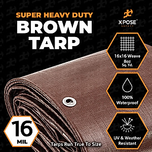 24' x 36' Super Heavy Duty 16 Mil Brown Poly Tarp Cover - Thick Waterproof, UV Resistant, Rip and Tear Proof Tarpaulin with Grommets and Reinforced Edges - by Xpose Safety