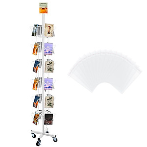 Queekay 24 Pockets Countertop Rotating Greeting Card Rack with 200 Clear Resealable Polypropylene Bags 6 Tier Metal Display Stand Spinning Floor Stand Pocket Rotating Holder for Stickers (White)