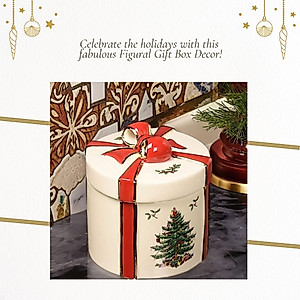 Spode Christmas Tree Gift Box Figurine, 4" Christmas Centerpiece with Red Ribbon & Gold Trim - Fine Earthenware for Holiday Home Decor, Festive Table Collectible & Winter (Small)