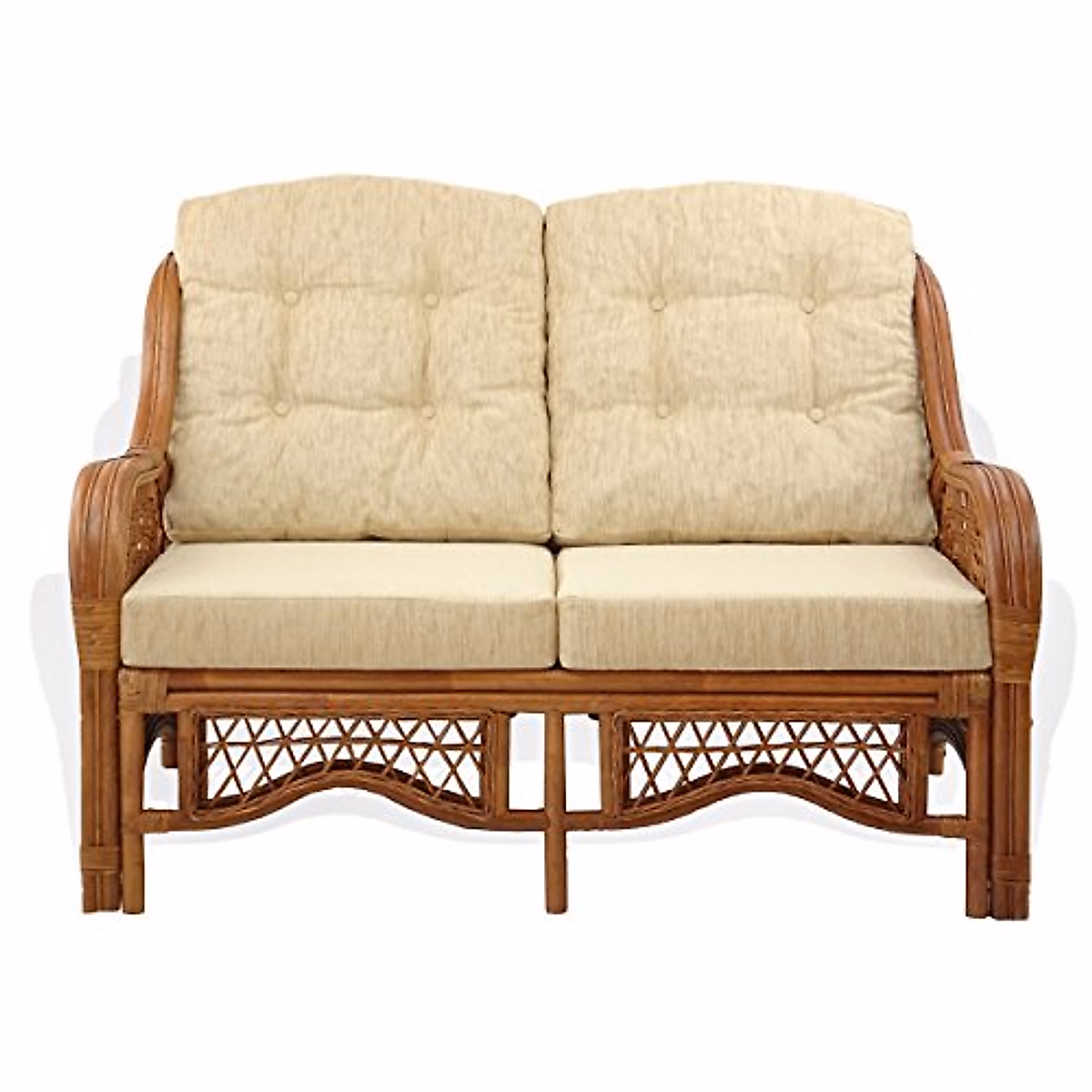 Malibu Lounge Loveseat Sofa Natural Rattan Wicker Handmade Design with Cream Cushions, Colonial