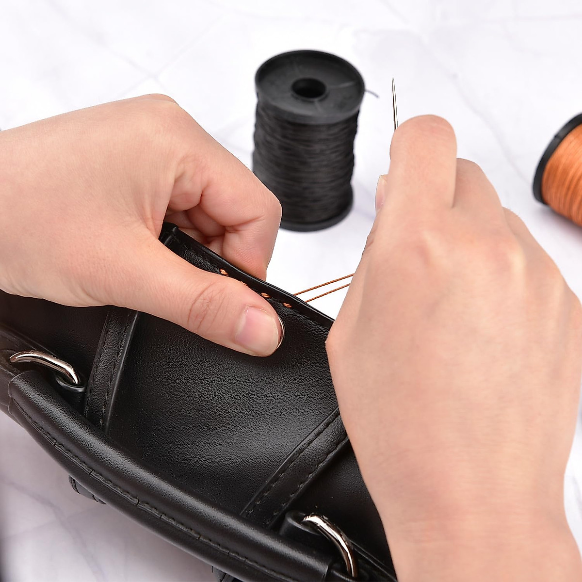 Topus Extra Strong Upholstery Repair Sewing Thread Kit and Heavy Duty Household Hand Needles, Including 7 Styles of Leather Canvas Sewing Needles and 3 Colors Nylon Thread (70 Yard of Each Roll)