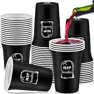 Rtteri 48 Pack Death to My 20s Disposable Party Thick Plastic Cups, 16 oz RIP to My 20s Birthday Decorations 30th Birthday Black Cups RIP Twenties Birthday Cups for 30th Birthday(White, Black)