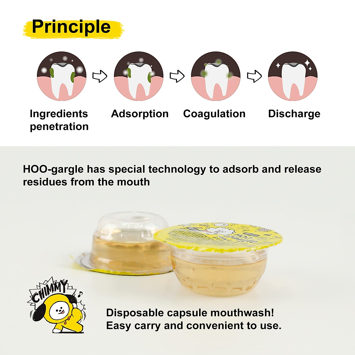 BT21 Hoo Mouthwash, Single Size Mouthwash for Fresh Breath on The go. Airline Friendly Liquid Travel Portable Oral Care Mouthwash, Alcohol Free for Work Smokers, 8 Cups/Set, Autograph Included