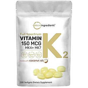 Micro Ingredients Full Spectrum Vitamin K2 MK-4 + MK-7 Supplement, 150 mcg, 300 Coconut Oil Softgles | Easily Absorbed, Active Menaquinone Complex | Immune, Joint, & Heart Support | Non-GMO