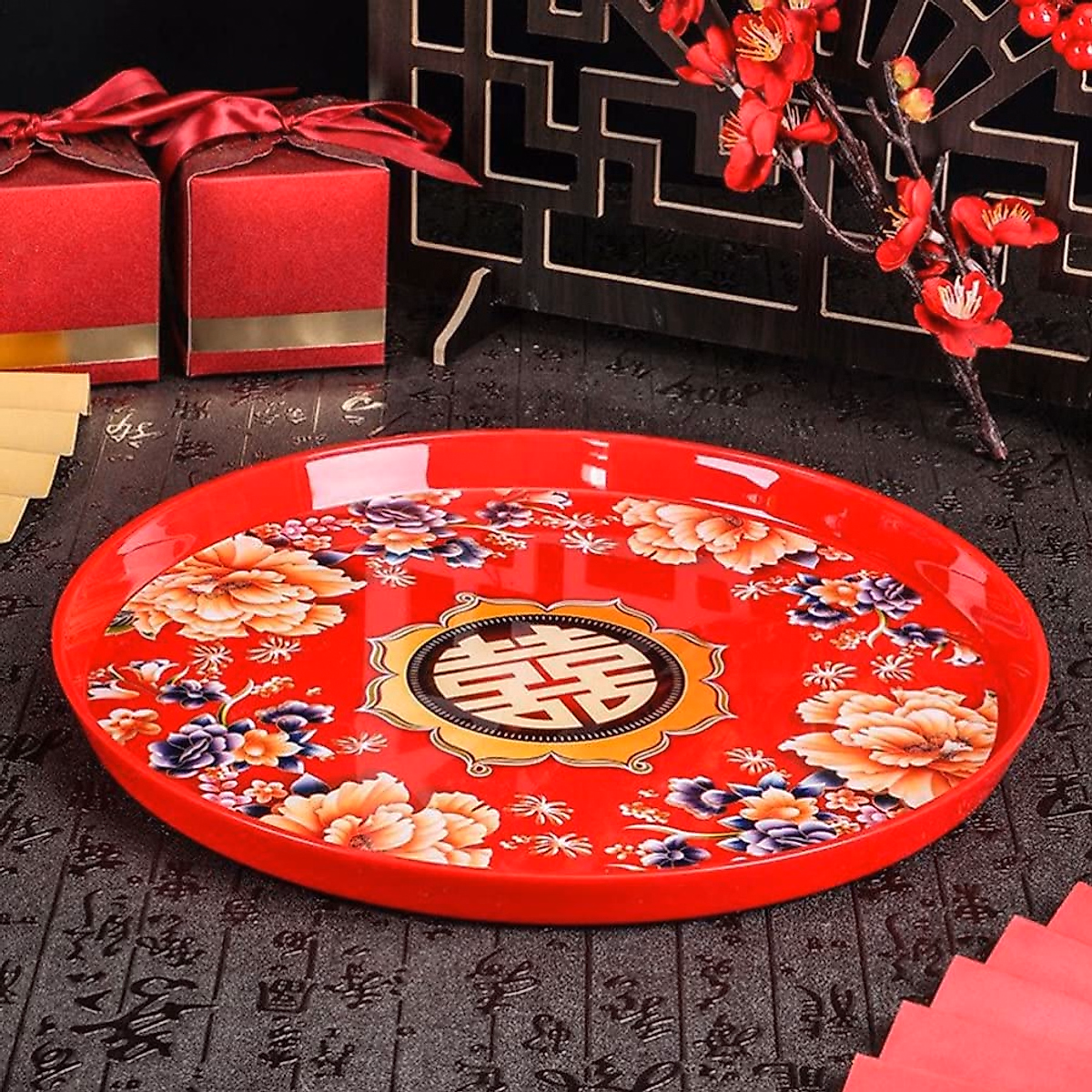 Cabilock Serving Platter Chinese Food Tray Red Wedding Serving Tray Fruit Plate Fruit Tray Snack Storage Holder for Home Kitchen and Wedding Snack Tray Round 13X2. 9inch Chinese Candy Boxes