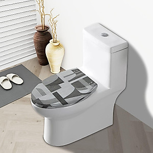 Elongated Toilet Seat black white tile for washroom kitchen Grey cement texture watercolor Resin Toilet Seat Quietly Slow Close with Quick-Release Hinges Toilet Seat with Cover Easy to Clean Install