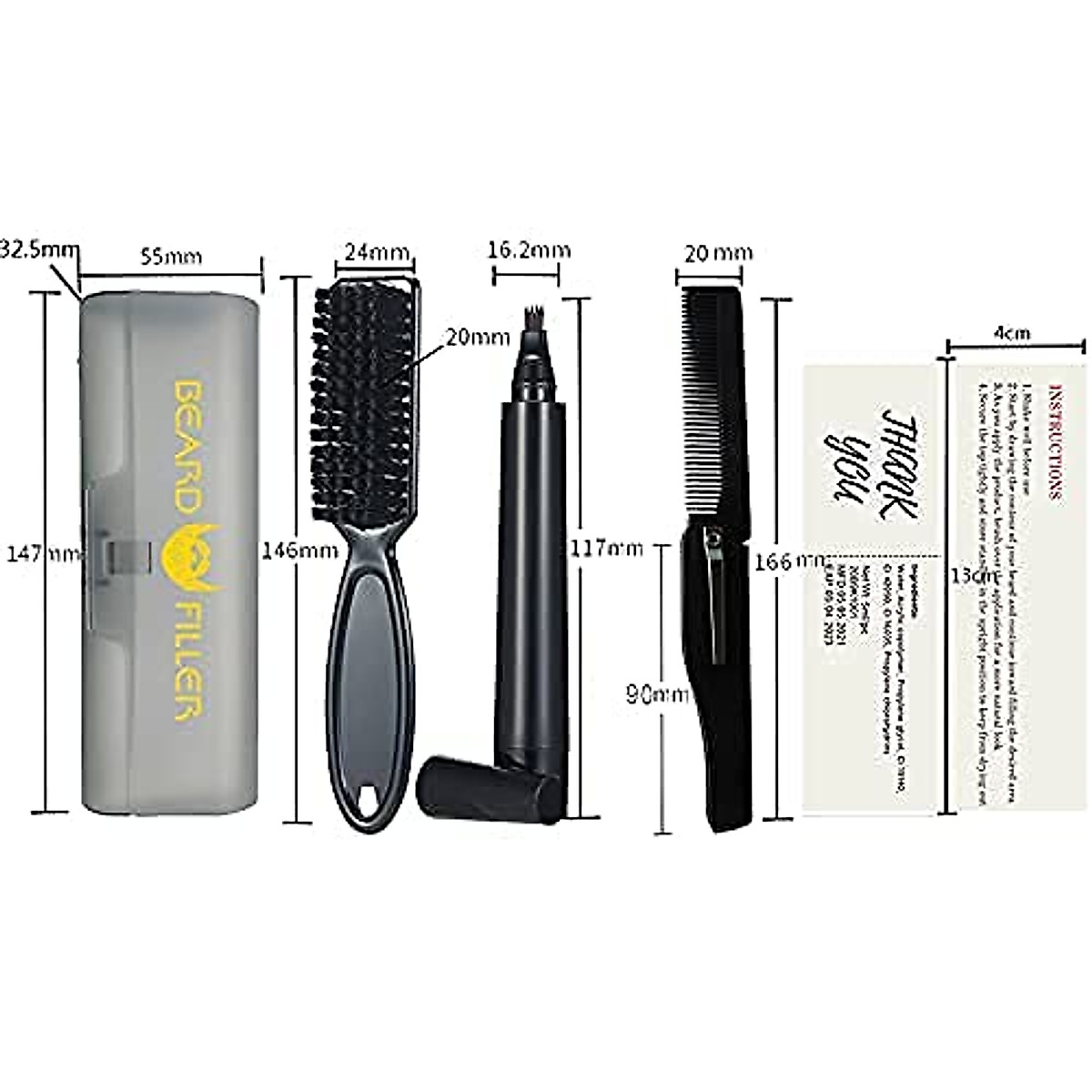 TIANWEI 2PCS Black Beard Pencil Filler for Men, Beard Filling Pen Kit - WaterProof, Long Lasting Coverage & Natural Looking -Easy Carry Plastic box-Beard Brush and Folding Comb Included