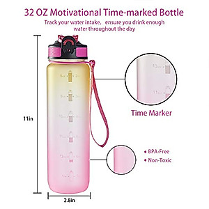 EYQ 32 oz Water Bottle with Time Marker, Carry Strap, Leak-Proof Tritan BPA-Free, Ensure You Drink Enough Water for Fitness, Gym, Camping, Outdoor Sports (Yellow/Pink Gradient)