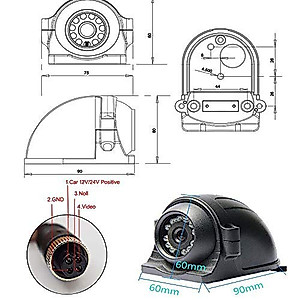 Vehicle Backup Side View Camera 12V/24V 12 LED IR Night Vision 4 Pin Reverse Rear View Camera Waterproof IP68 with 5m Video Cable for Truck Bus Trailer RV 5th Wheel Heavy Duty