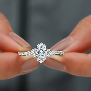 Rosec Jewels Round Shape Zircon Floral Halo Ring, Zircon Bypass Engagement Ring, Zircon Floral Ring for Women, Certified Zircon Engagement Ring, 10K White Gold, Size:US 11.00