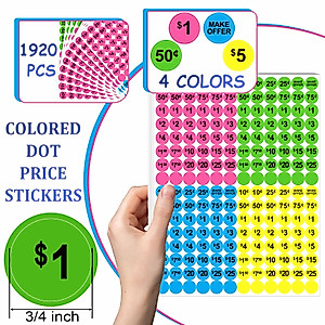 Dreecy 1920 PCS Yard Sale Price Stickers Garage Sale Pre-Priced Pricing Labels 3/4" Diameter Flea Market Pre-Printed Pricing Stickers for Retail,Bright Neon Colors (Pink Green Blue Yellow)