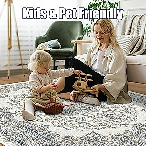 8x10 Area Rugs for Living Room: Large Machine Washable Area Rug with Non Slip Backing Neutral Farmhouse Rug Thin Floral Print Indoor Carpet for Under Dining Table Home Office Multi