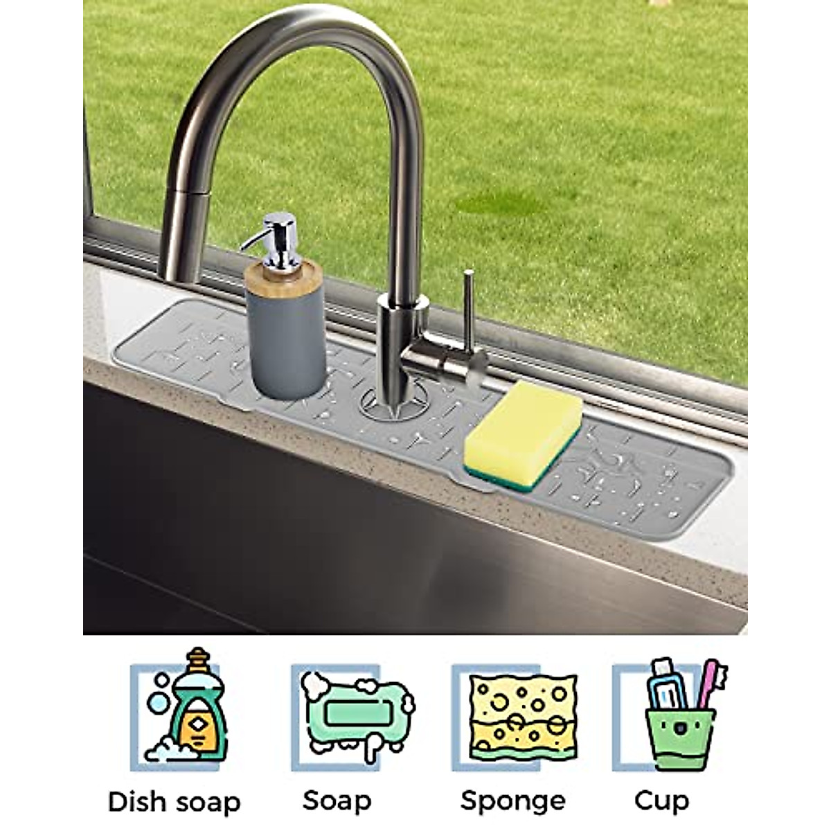 Kitchen Sink Splash Guard - 24 inch Silicone Faucet Handle Drip Catcher Tray, Dish Soap Sponge Holder Mat Behind Faucet, Kitchen Gadgets Sink Accessories Drying Mat Sink Caddy Organizer for Kitchen