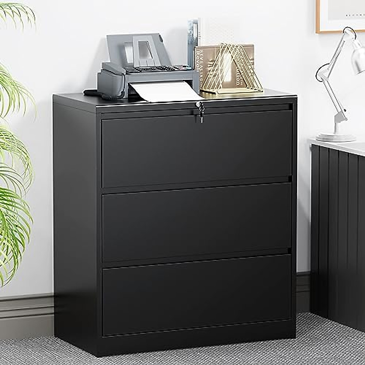 Hak Metal 3 Drawer Lateral File Cabinet with Lock, Black Office File Cabinet for Storing Legal/Letter A4 Size File, Mordent Locking Lateral Filing Cabinets for Home Office (Black)