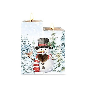 Winter Snowman Candle Holder with Tea Light, Vintage Wood Tealight Candle Stick Holder Pillar Centerpiece, Heart-Shaped Tall Wooden Tea Light Candle Holders Decor Set Winter Christmas Snowflake