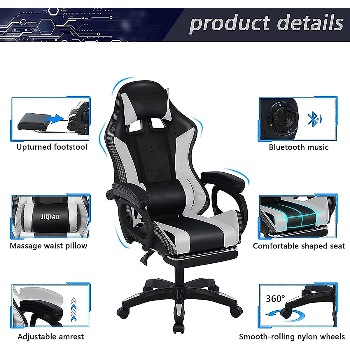TBQATNTS Gaming Chair with Speakers,Led Gaming Chair,Ergonomic Pro Gaming Chair with Full Massage Lumbar Support Bluetooth Speakers Backrest Adjustable/Gaming Chairs for Adults,Black
