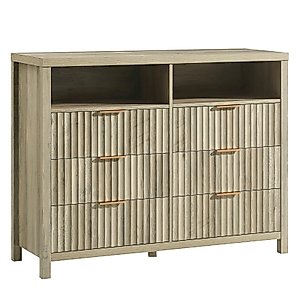 OAKHAM HOME Oxford Fluted 6 Drawer Dresser for Bedroom, Wide Modern Wooden Chest of Drawers with 2 Shelves, TV Stand of Drawers, Wood Drawer Organizer, 46.5" W x 37" H x 15.4" D (Sunwashed Ash Oak)