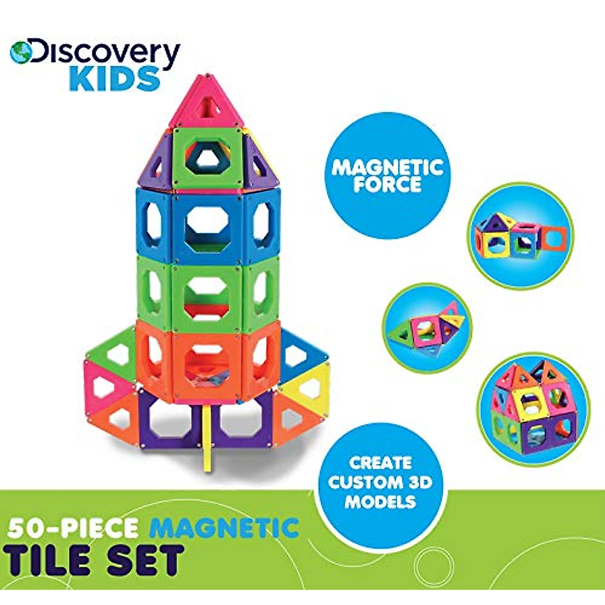 Discovery Kids 50-Piece Magnetic Building Tiles Construction Set in 6 Colors with Storage Bag, Educational Learning Toy Safe For kids 4 5 6 7 8 9 10