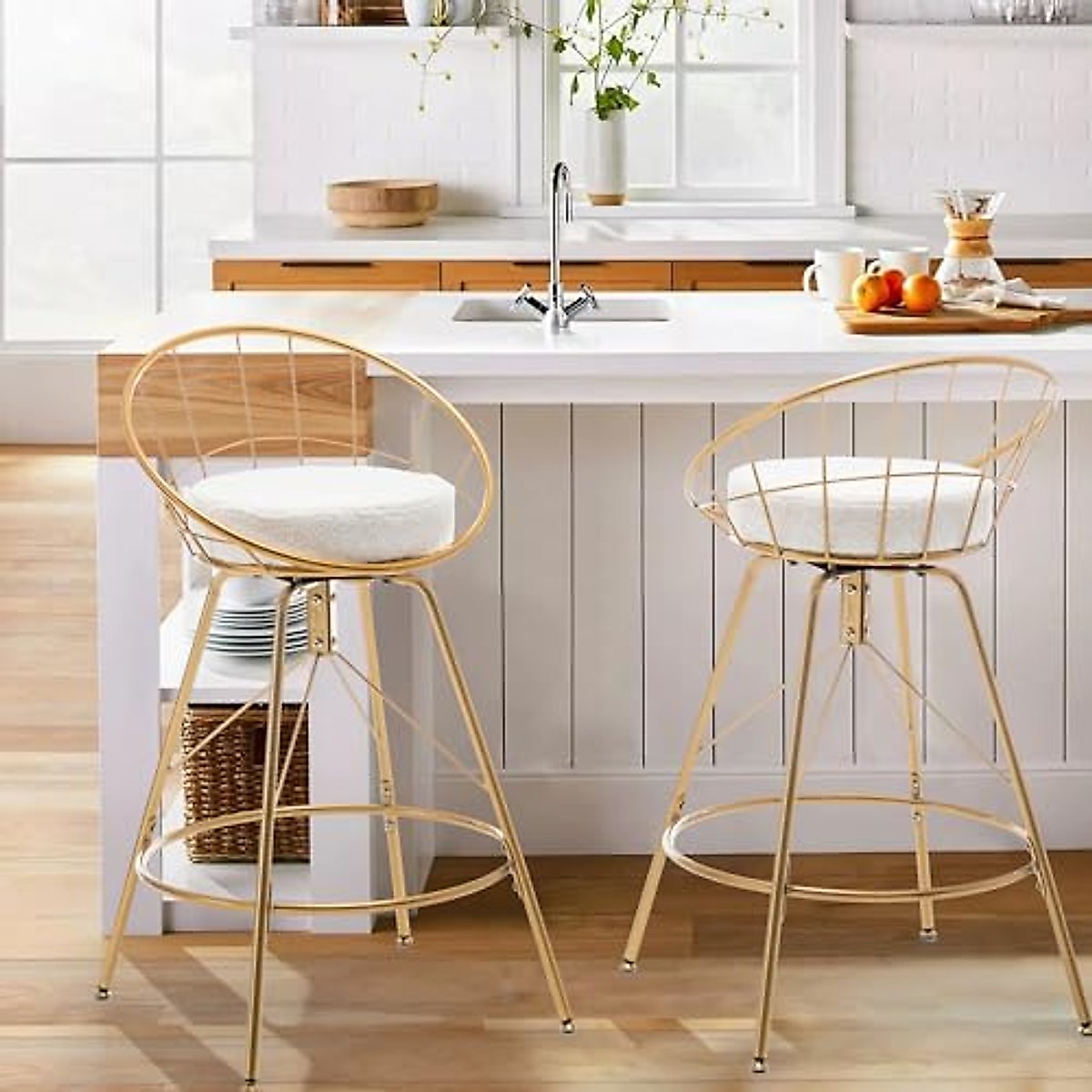 Aklaus 26" Sherpa Boucle Bar Stools Set of 2 Swivel Counter Height Bar Stools with Round Seat,Gold Bar Stools with Backs,Modern Teddy White Barstools,Kitchen Island Dining Bar Stools Chairs