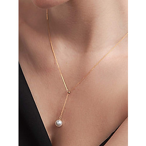 Cowlyn Y-Shaped Necklace 18K Gold Dainty Pearls Pendant Drop Long Chain Jewelry for Women