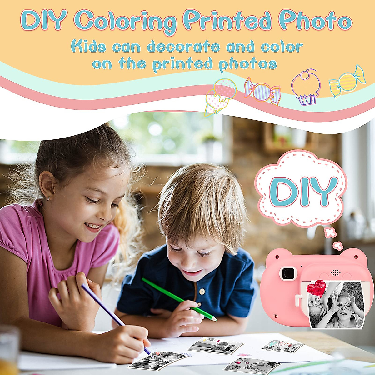 Instant Print Camera for Kids, Kids Camera with 3 Rolls Print Paper 1080P Kids Digital Camera 1600 mAh 32GB SD Card Toy Gifts for Birthday Christmas Holiday Children's Day (Pink)