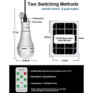 Flyhoom Portable Solar Light Bulbs with Remote, 4 Light Modes + Timer, 180LM Solar LED Light Bulbs for Indoor, Home, Chicken Coop, Camping, Hiking, Emergency (Pack of 2)