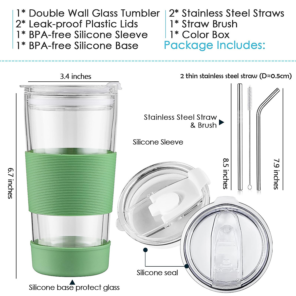 18 oz Double Wall Glass Coffee Tumbler with Leak-proof Lid, Borosilicate Glass Travel Mug, To Go Clear Reusable Tea Cup, BPA-free, Microwave Safe (Green)
