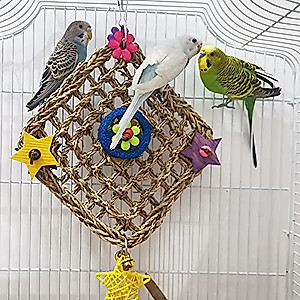 通用 XH Bird Parrot Toys,Bird Foraging Wall Toy with Hanging Hook, Seagrass Woven Mat with Colorful Wooden Blocks,Suitable for Lovebirds, Budgerigars, Conure, Cockatiel