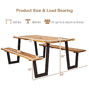 HAPPYGRILL Outdoor Picnic Table Bench Set with Wooden Top & Steel Frame, Patio Dining Picnic Table Set with Umbrella Hole for Garden Backyard