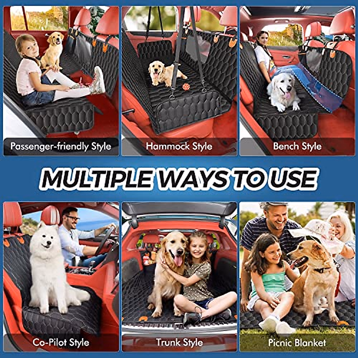 Chumajor 6-in-1 Dog Car Seat Cover for Back Seat,60/40 Split 100% Waterproof Dog Hammock for Car,Trucks Suvs-Scratchproof Nonslip Back Seat Protector for Dog