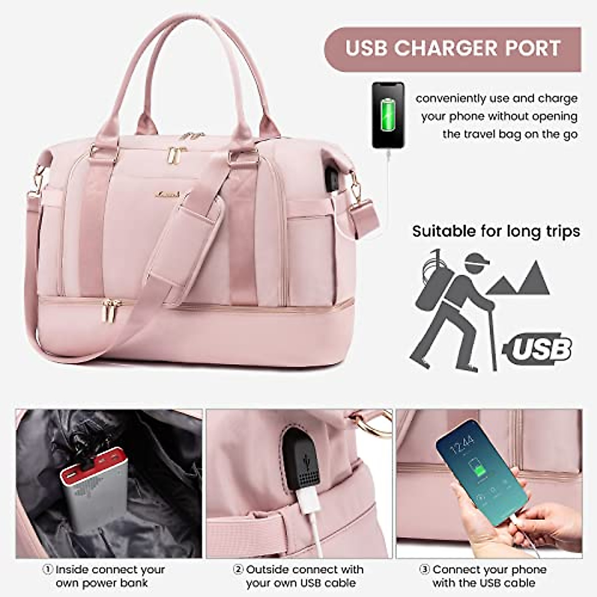 Gym Bag LOVEVOOK Travel Duffel Bag with USB Charging Port,Weekender Bags for Women with Shoe Compartment,Carry on Overnight Bag with Toiletry Bag,Hospital Bags for Labor and Deliver
