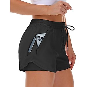 Mancreda Women's Running Shorts with Liner 3 Zipper Pockets Elastic Workout Athletic Gym Yoga Shorts(BK,M) Black