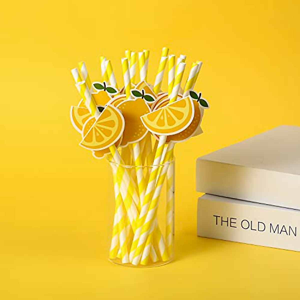 Lemon Biodegradable Paper Straws，Lemon Birthday Party Striped Decorative Straws - Set of 20.
