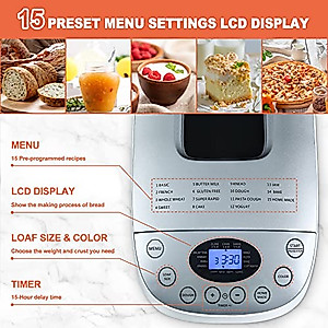 Patioer 3.5LB Bread Maker Machine 15-in-1 Automatic Bread Machine with Dual Kneading Paddles Breadmaker with Touch Panel&LCD Display,Gluten Free Setting,3 Loaf Sizes 3 Crust Colors,15 Hours Delay Timer,Nonstick Baking Pan,White